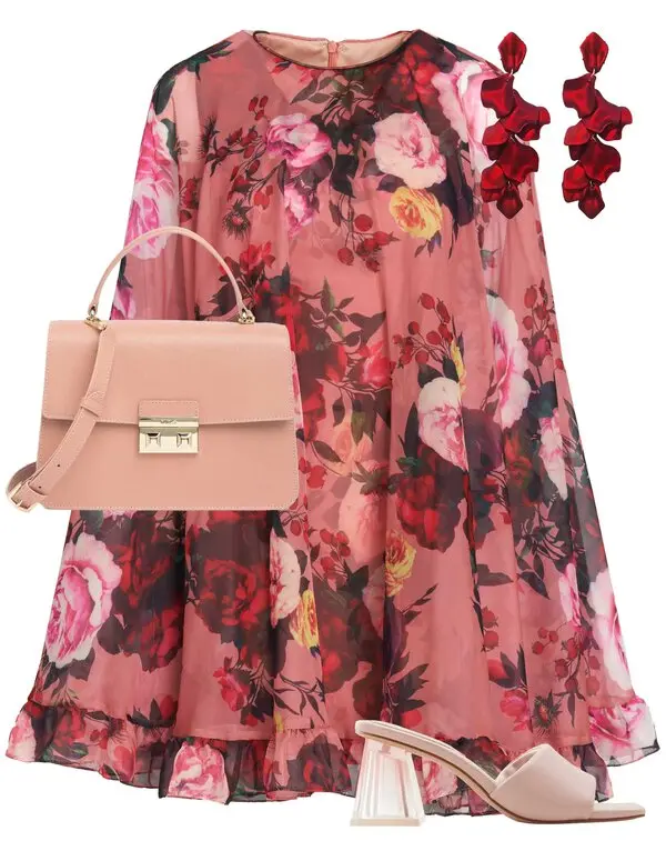 Mac Duggal Floral Print High Neck Ruffle Hem Cape Mini Dress - Pink