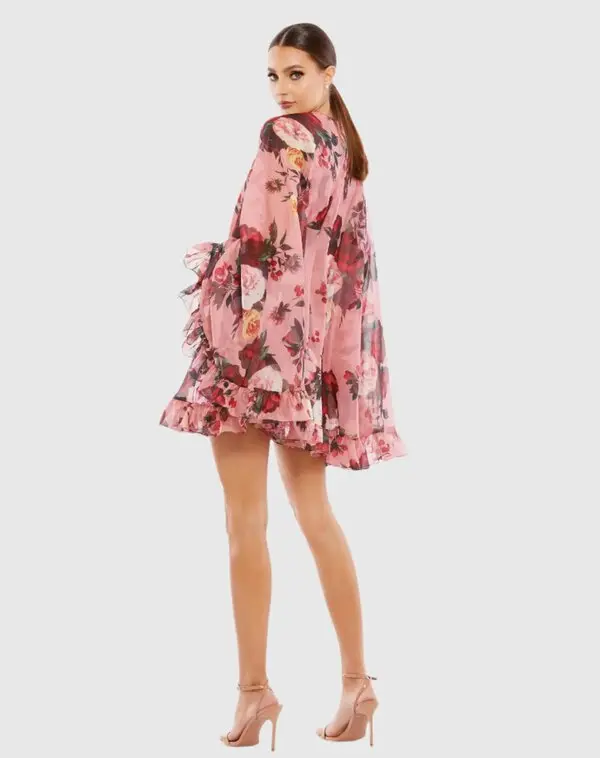 Mac Duggal Floral Print High Neck Ruffle Hem Cape Mini Dress - Pink