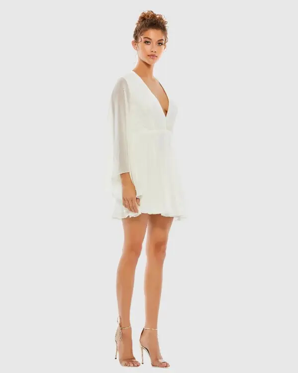 Solid Flowy V Neck Illusion Sleeve Mini Dress - Mac Duggal White / US 6