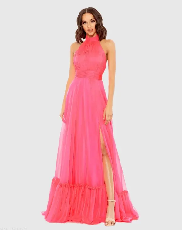 Mac Duggal High Neck Tiered Chiffon Halter Gown - Pink