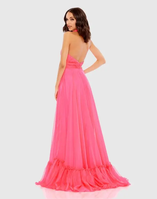Mac Duggal High Neck Tiered Chiffon Halter Gown - Pink