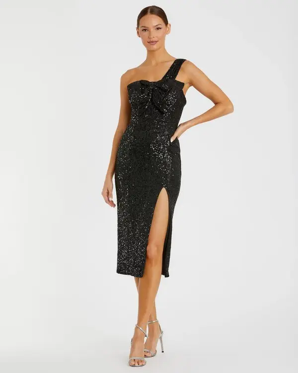 Mac Duggal Sequined One Shoulder Bow Dress