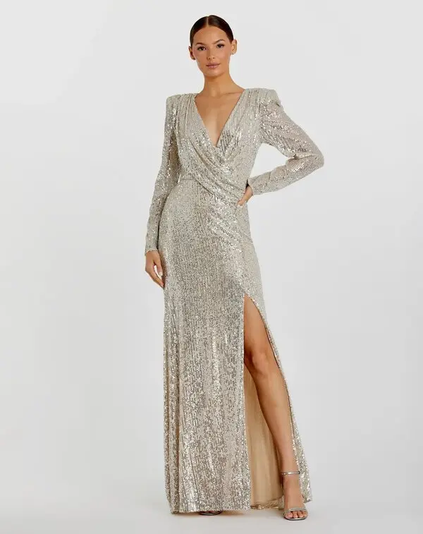 Mac Duggal Sequin Long-sleeve Faux Wrap Ruched Gown