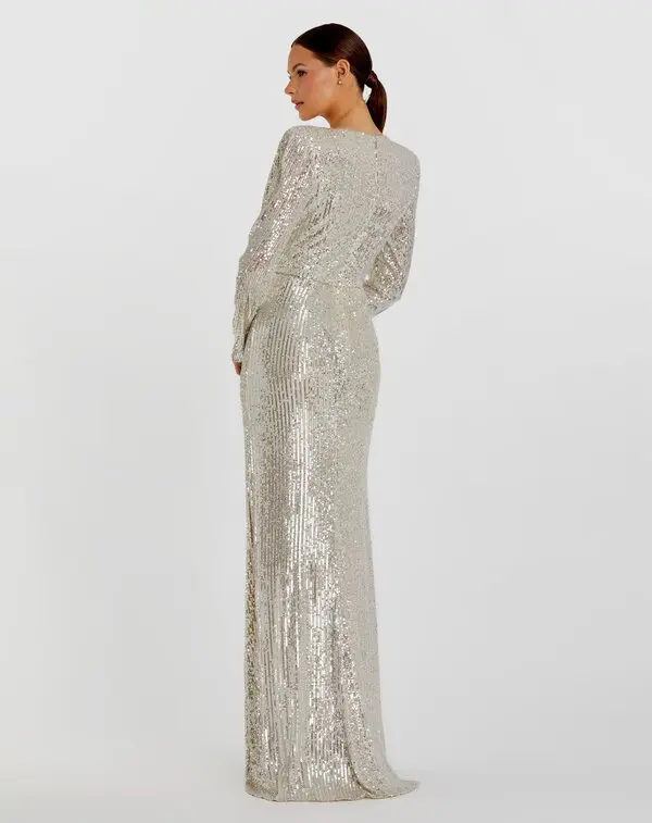 Mac Duggal Sequin Long-sleeve Faux Wrap Ruched Gown