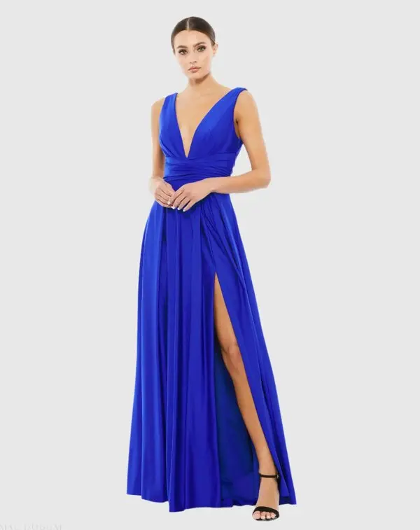 Mac Duggal Jersey Plunge Neck Evening Gown - Blue