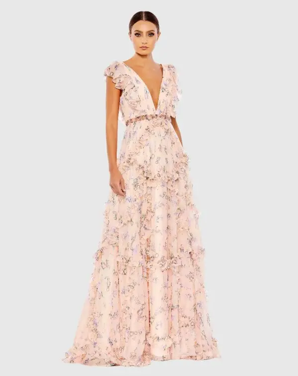 Mac Duggal Ruffled Floral Print Cap Sleeve Gown - Pink