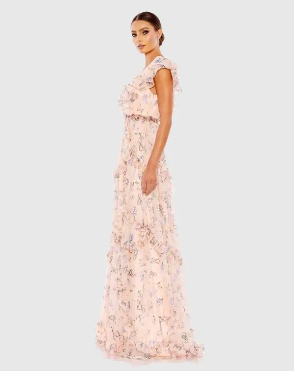 Mac Duggal Ruffled Floral Print Cap Sleeve Gown - Pink