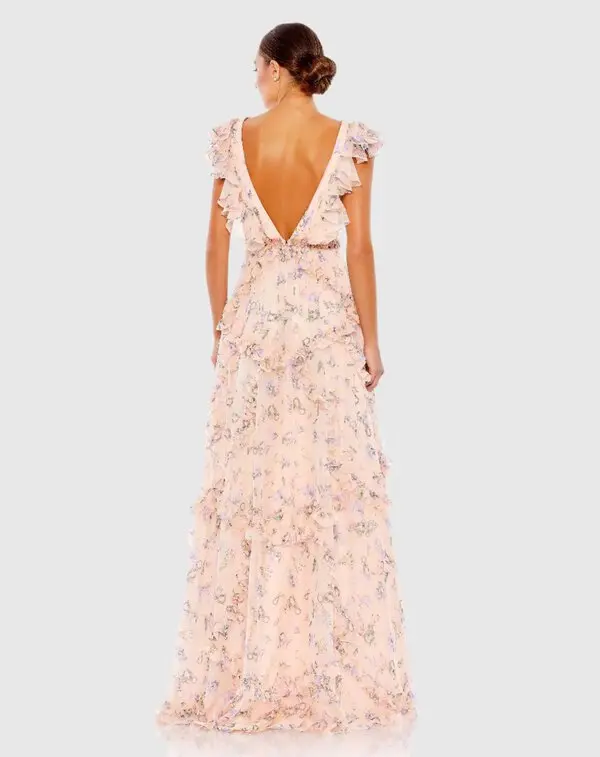 Mac Duggal Ruffled Floral Print Cap Sleeve Gown - Pink