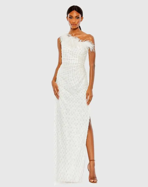 Mac Duggal Embellished Feathered One Shoulder Gown - White