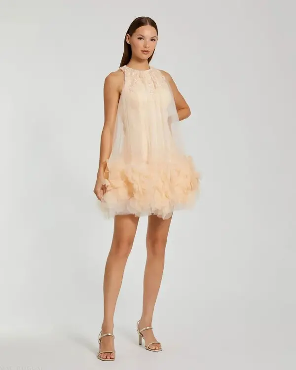 Mac Duggal Embroidered Tulle Mini Dress - Peach