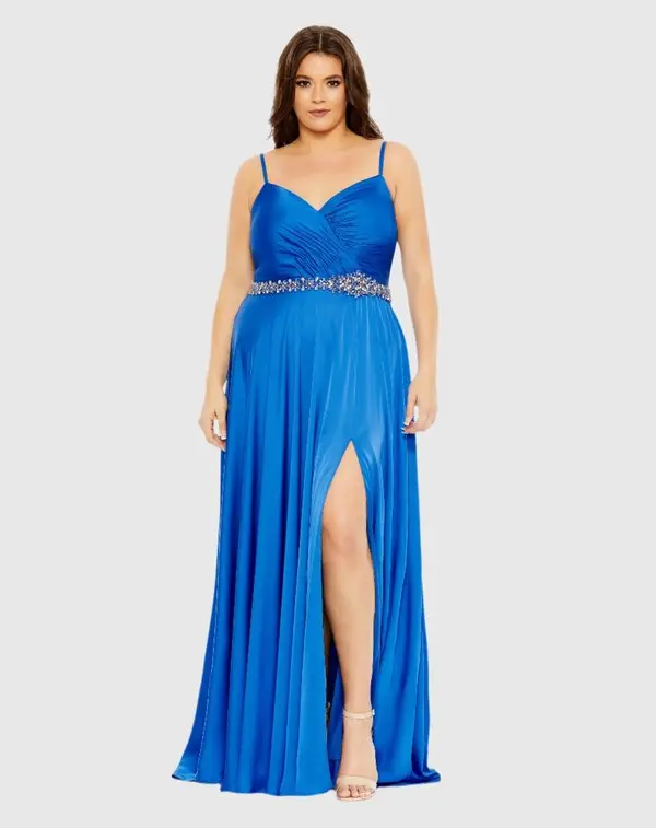 Mac Duggal Bejeweled Waist Faux Wrap Gown