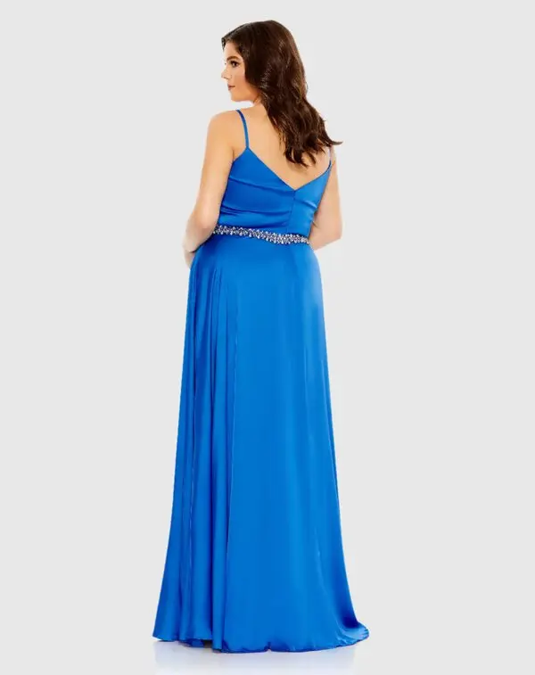 Mac Duggal Bejeweled Waist Faux Wrap Gown