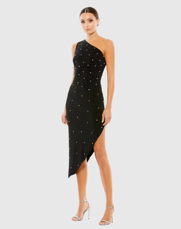 Mac Duggal Rhinestone One-shoulder Asymmetrical Midi Dress