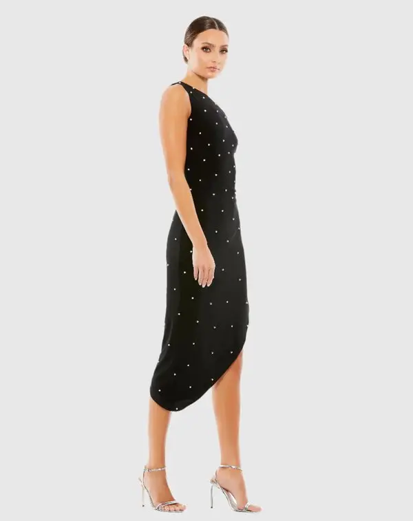 Mac Duggal Rhinestone One-shoulder Asymmetrical Midi Dress