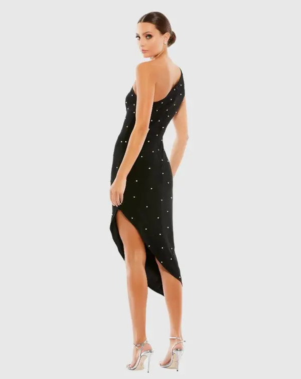 Mac Duggal Rhinestone One-Shoulder Asymmetrical Midi Dress - Black