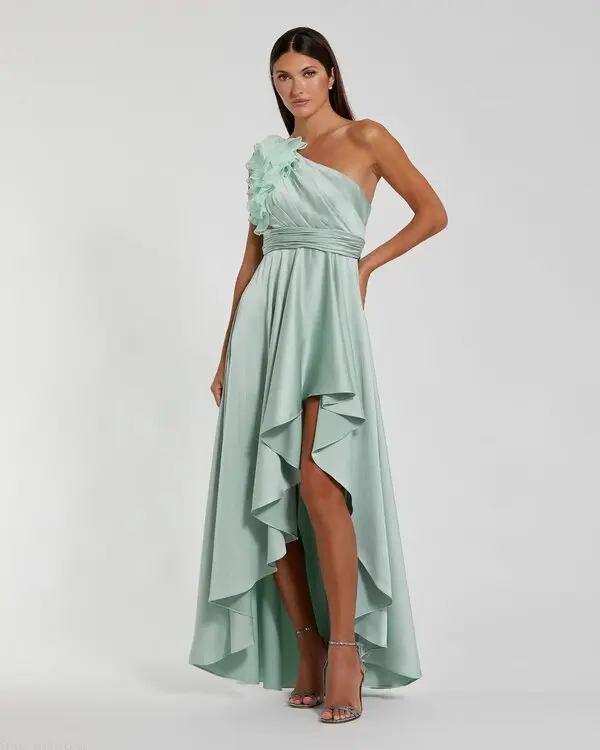 Mac Duggal Ruffled One-shoulder Hi-low Gown With Cut Out - Green