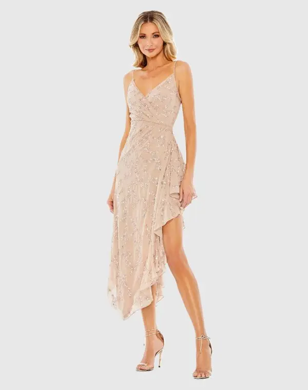 Mac Duggal Sequin Faux Wrap Ruffled Asymmetrical Hem Dress