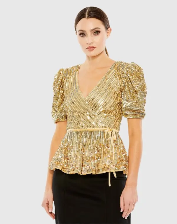 Mac Duggal Sequined Puff Sleeve Faux Wrap Top