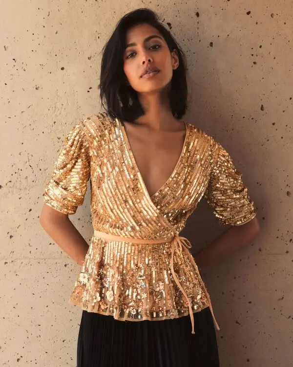 Mac Duggal Sequined Puff Sleeve Faux Wrap Top