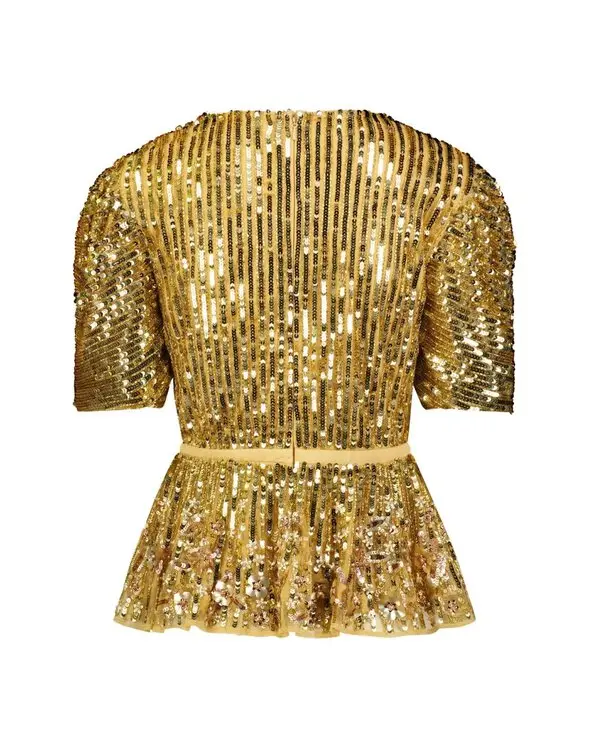 Mac Duggal Sequined Puff Sleeve Faux Wrap Top