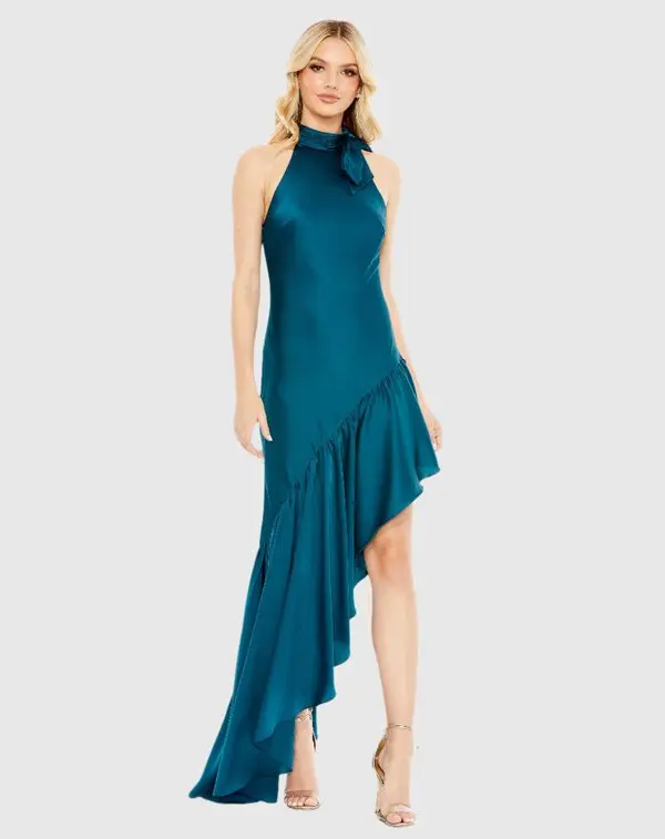 Mac Duggal Halter Neck Charmeuse Gown With Asymmetrical Ruffle Hem