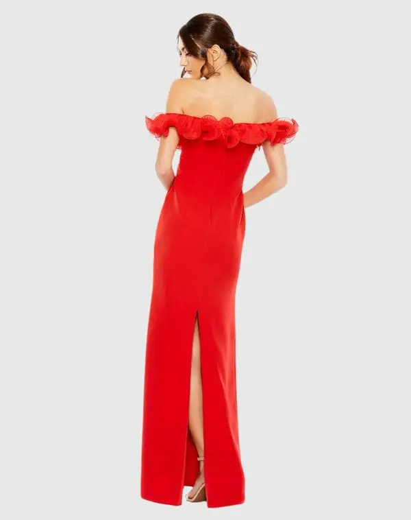 Mac Duggal Off-the-shoulder Crepe Gown With Ruffle Neckline