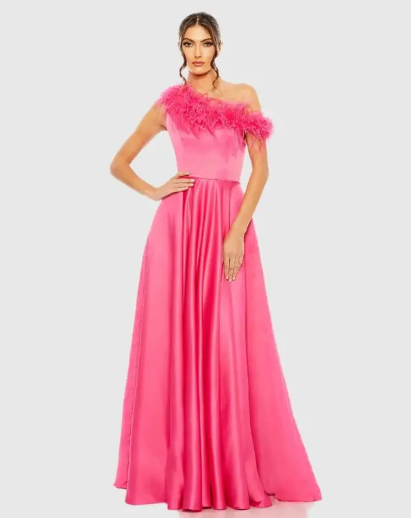 Mac Duggal Satin Gown With Feather Embellishments