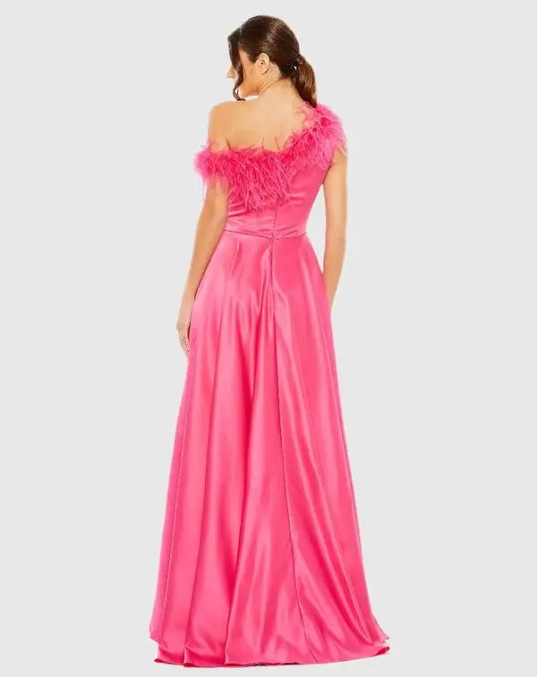 Mac Duggal Satin Gown With Feather Embellishments