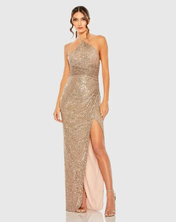 Mac Duggal Halter Neck Sequin Gown With Front Slit