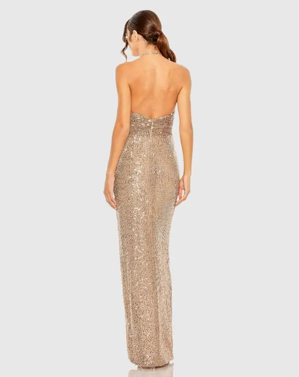 Mac Duggal Halter Neck Sequin Gown With Front Slit