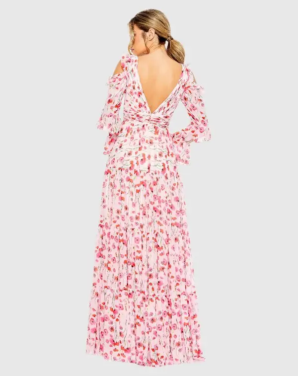 Mac Duggal Floral Print Chiffon Gown With Ruffle Sleeves - White Multi |  Editorialist