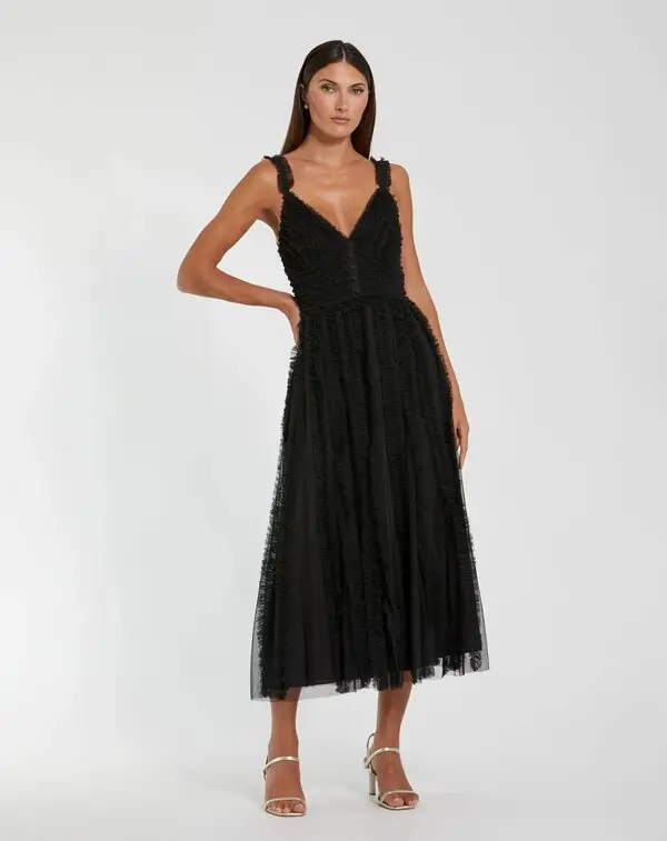 Mac Duggal Sleeveless Tiered Ruffle Tea-length Dress - Black
