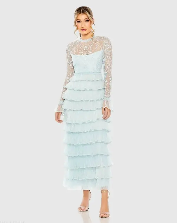 Mac Duggal Embroidered Ruffled Tiered Gown - Blue