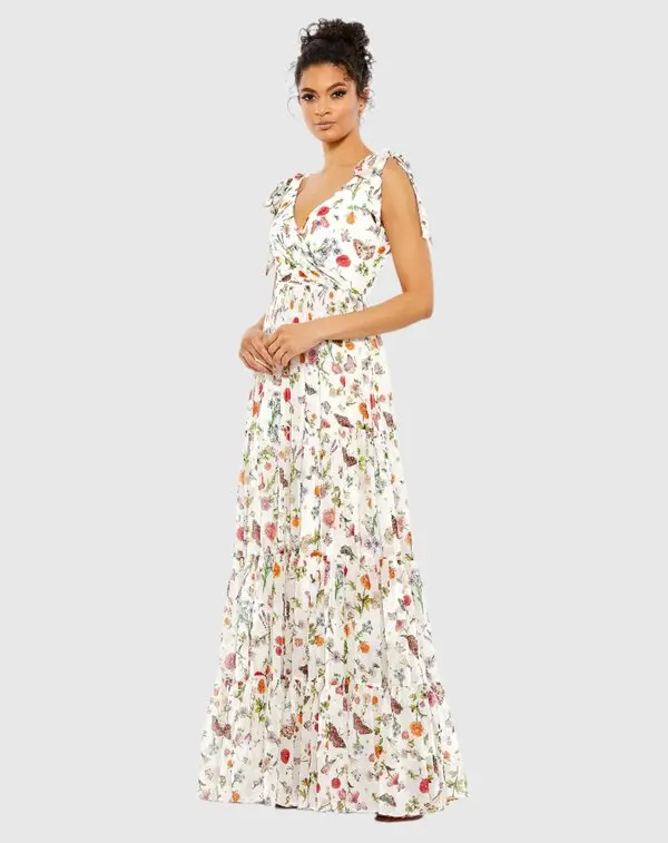 Mac Duggal Floral Print Sleeveless Gown With Tie Shoulders - White Multi