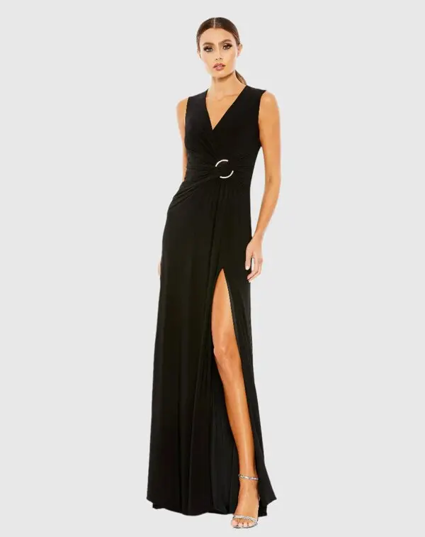 Mac Duggal Draped Jersey Gown With Rhinestone Ring