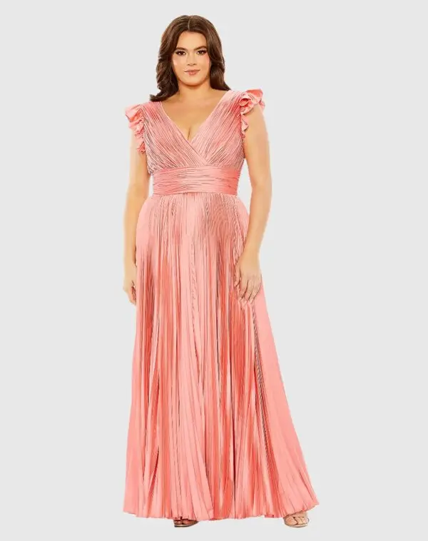 Mac Duggal Flutter Sleeve Pleated V-neck Gown