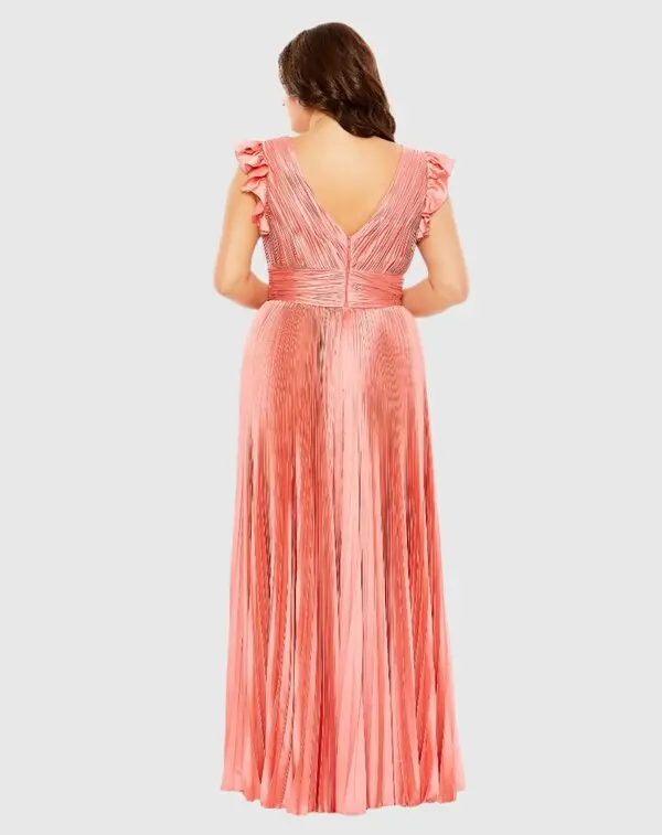 Mac Duggal Flutter Sleeve Pleated V-neck Gown