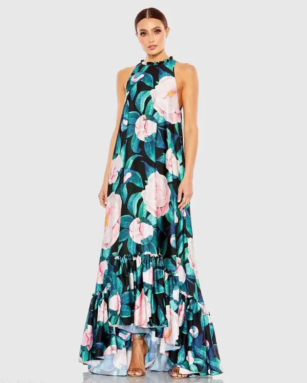 Mac Duggal Floral High Neck Long Dress - Black Multi