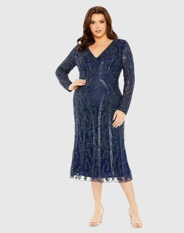 Mac Duggal Sequined And Beaded Mesh Gown - Navy