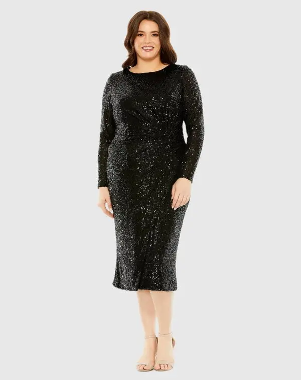 Mac Duggal Long Sleeve Sequin Gathered Waist Dress