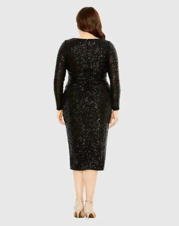 Mac Duggal Long Sleeve Sequin Gathered Waist Dress