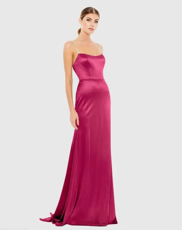 Mac Duggal Charmeuse Rhinestone Strap Trumpet Gown