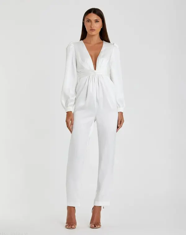 Mac Duggal Front Twist Puff Sleeve Deep V Jumpsuit - White