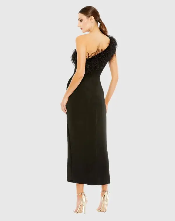 feather trim asymmetric dress mac duggal Mac Duggal One-Shoulder Feather-Trimmed Draped Dress - Black