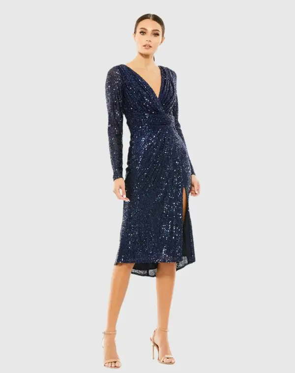 Mac Duggal Long Sleeve Sequin Midi Dress - Navy