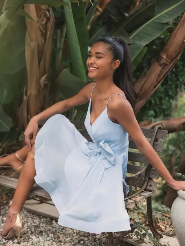 sachin and babi light blue dress Mac Duggal Faux Wrap Bow Detail Flowy Mini Dress