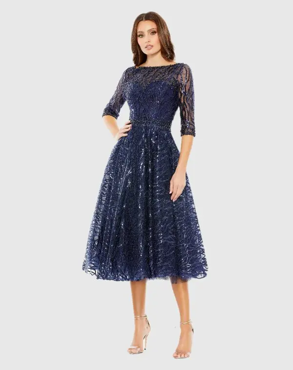 Mac Duggal Embellished A-line Dress With 3/4 Sleeves