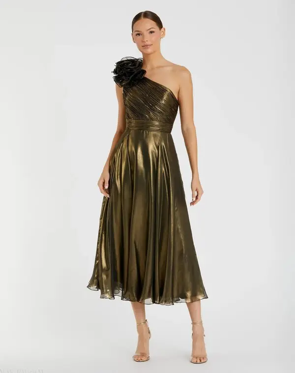 Mac Duggal Rosette One-shoulder Tea-length Dress - Gold