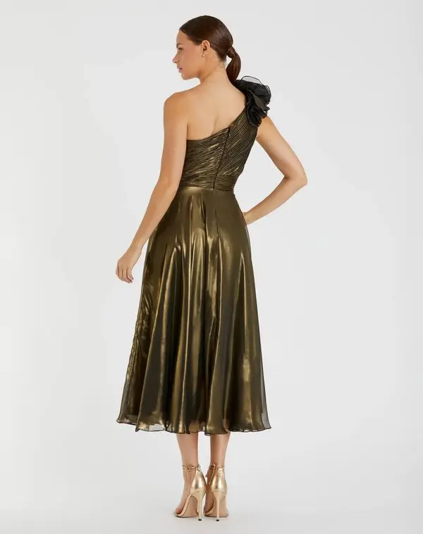 Mac Duggal Rosette One-shoulder Tea-length Dress - Gold