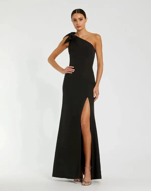 Mac Duggal Crepe One-shoulder Gown With Bow - Black